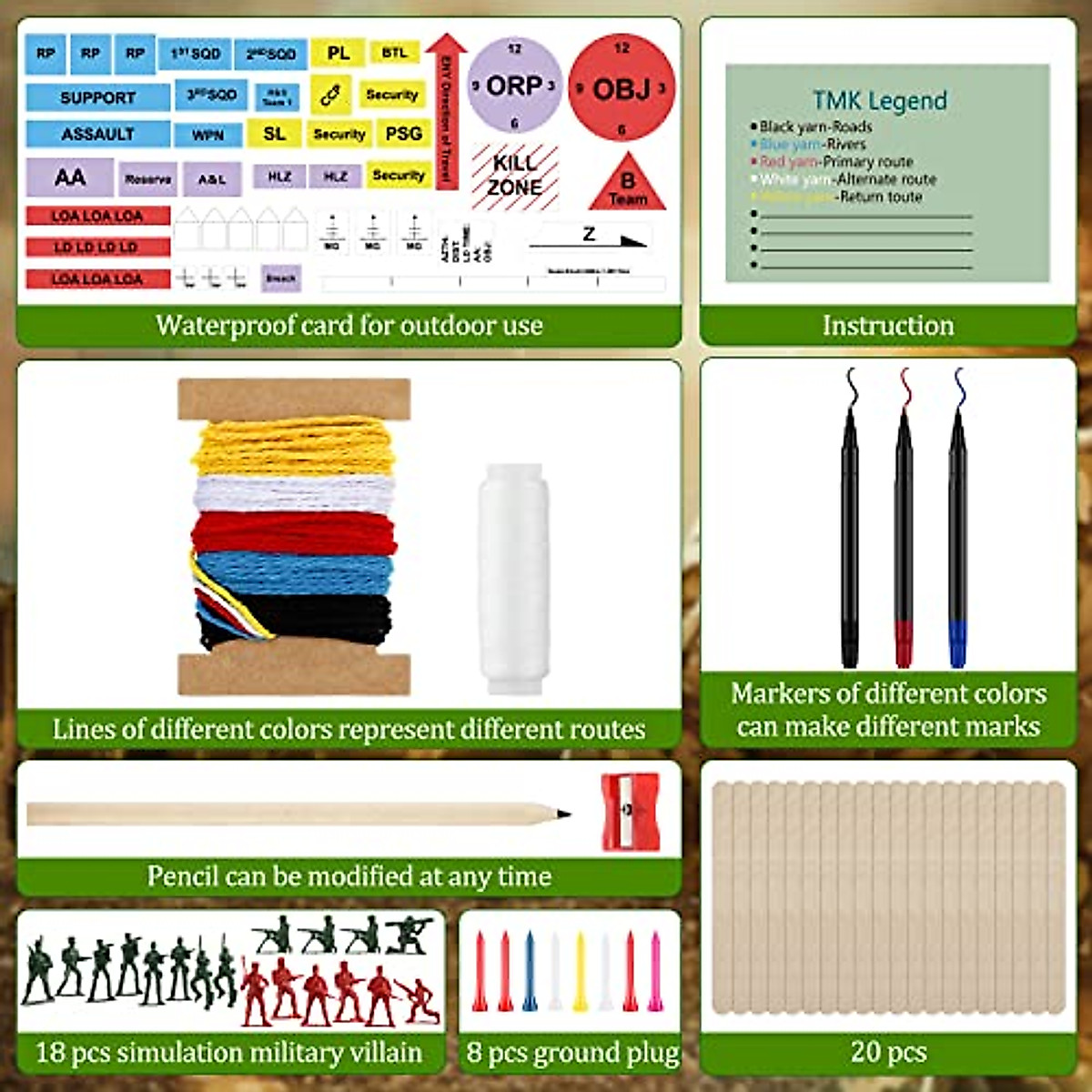 Eaasty Terrain Model Kit Includes Operational Symbols Graphics with Instruction Yarn Wooden Markers Pencil Sharpener Dual Map Markers Storage Bag Soldier Models Wooden Tees for Army Platoon Squad TMK