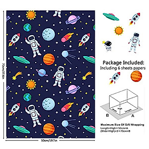 Birthday Wrapping Paper 6 Sheets Gift Wrap 20 x 30 inches per sheet (Folded Flat 6 sheets in 3 Designs: 26 sq. ft. ttl.), Astronaut Solar System Planets Rocket Alien Galaxy Pattern- for Space Lover Boys Kids Baby Shower Kindergarten Party