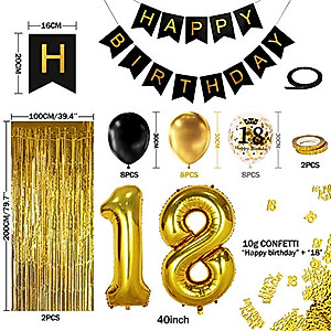 MOVINPE 18th Black Gold Birthday Party Decoration, Happy Birthday Banner, Jumbo Number 18 Foil Balloon, 2 Fringe Curtain, Latex Confetti Balloon, Table Confetti for Boy Girl Men Women Anniversary