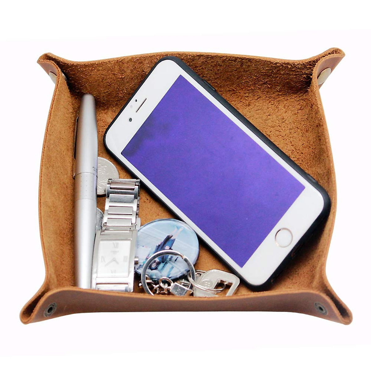 boshiho Valet Tray for Men, Leather Jewelry Catchall Key Phone Coin Box Change Caddy Bedside Storage Box (Crazy Horse Leather - Light Brown)