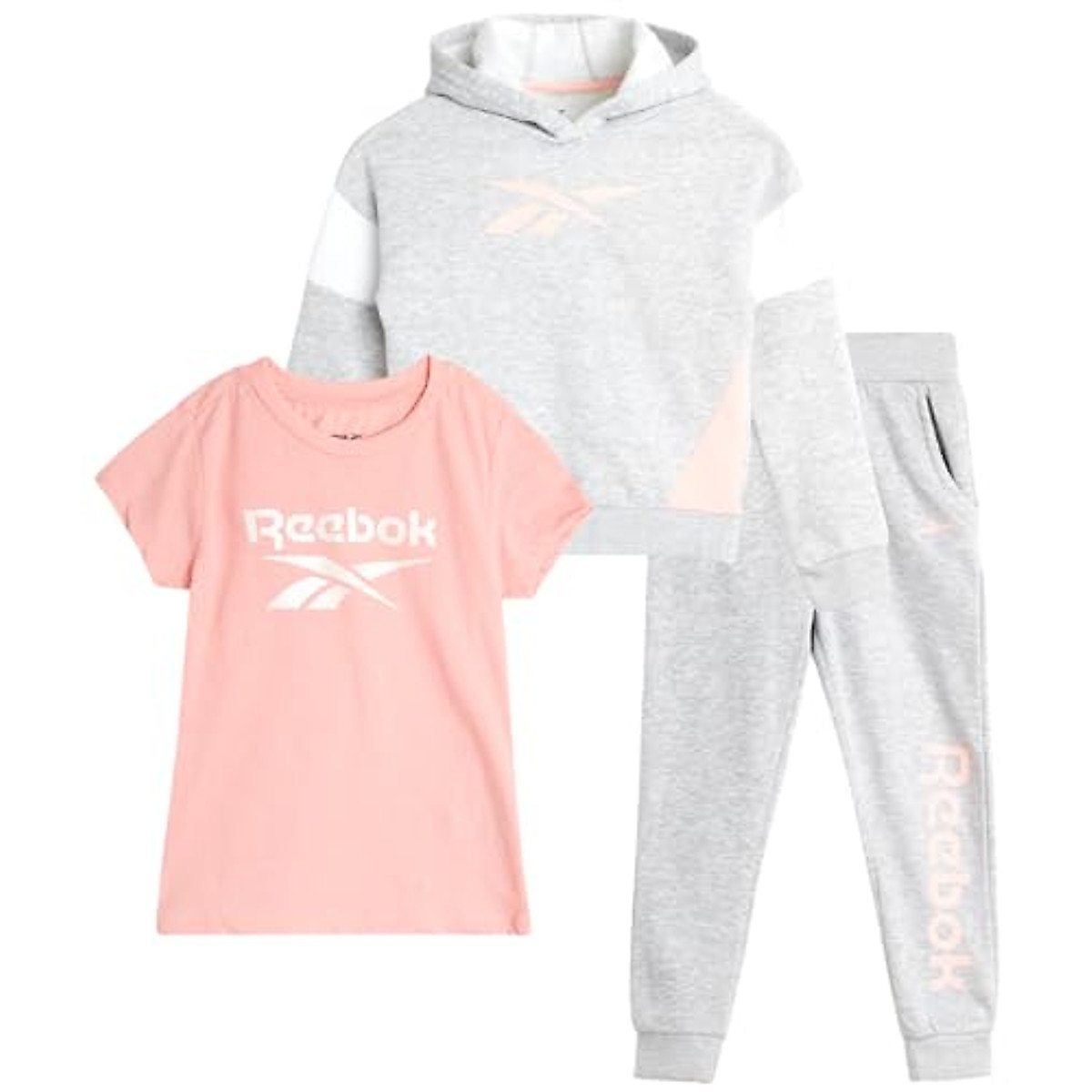 Reebok Baby Girls' Pants Set - 3 Piece Fleece Lined Sweatshirt, Graphic Tee and Jogger Pants for Infant and Toddler (12M-6X), Size 3T, Light Grey Heather