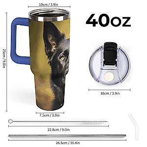 40 Oz Vacuum Tumbler with Deep Blue Handle Leakproof Insulated Tumbler Black German Shepherd Dog Stainless Steel Travel Mug with Lid And Straw Coffee Cup Cute Water Bottles Cup Holder Friendly