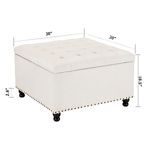 Tbfit Large Square Tufted Upholstered Ottoman Bench and Coffee Table with Storage, Oversized Footrest for Living Room, Beige