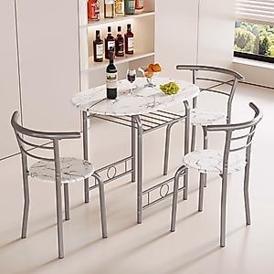 JUMMICO 3-Piece Wooden Round Table & Chair Set, Space Saving Kitchen Breakfast Nook Wood Grain Tabletop with Metal Frame and Built-in Wine Rack for Kitchen, Dining Room (White/Silver)