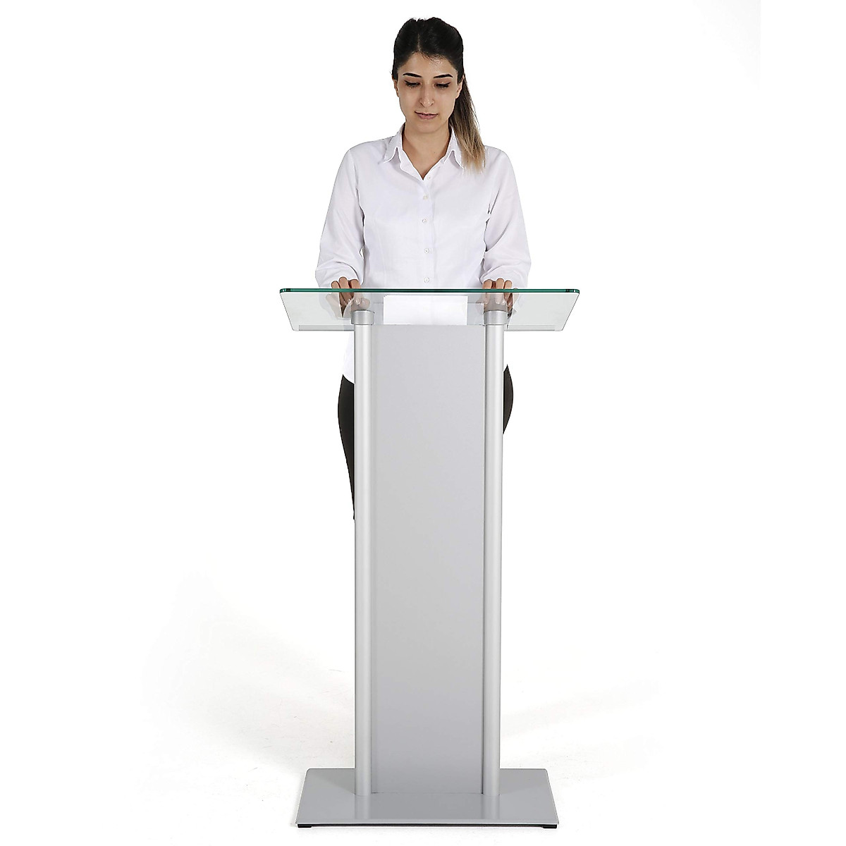 M&T Displays Tempered Clear Glass Conference Podium Stand with Aluminum Front Panel Silver Aluminum Body and Base 43.9 Inch Height Floor Standing Lectern Pulpit Desk for Classroom Church