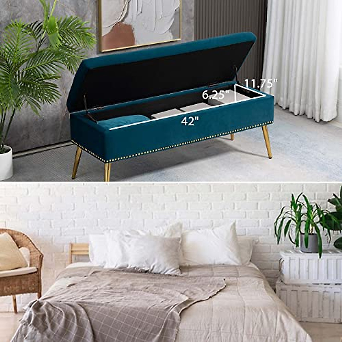 MOJAY Modern Velvet Storage Ottoman Bench, Upholstered Footrest with Rivet Decoration Table Dining Stool with Golden Legs for Entryway Dining Room Living Room Bedroom (Dark Green)