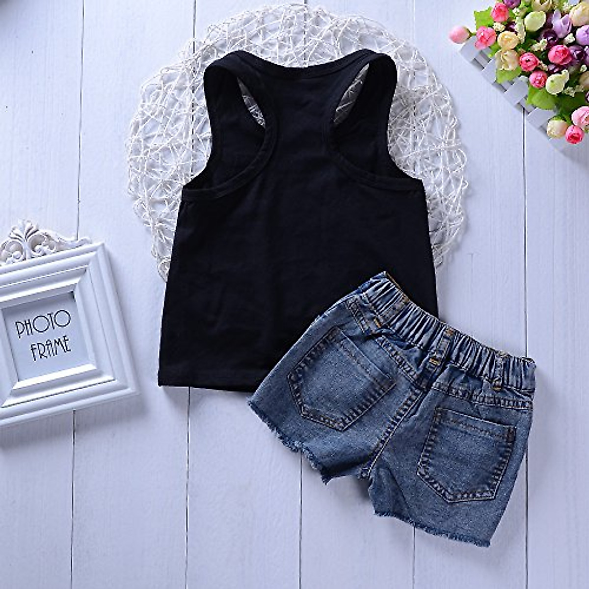 2pcs/Set Toddler Kids Baby Girl Sleeveless Floral T-Shirt Top Sunflower Denim Jeans Shorts Outfits 1-8T (Black a, 7-8 Years)