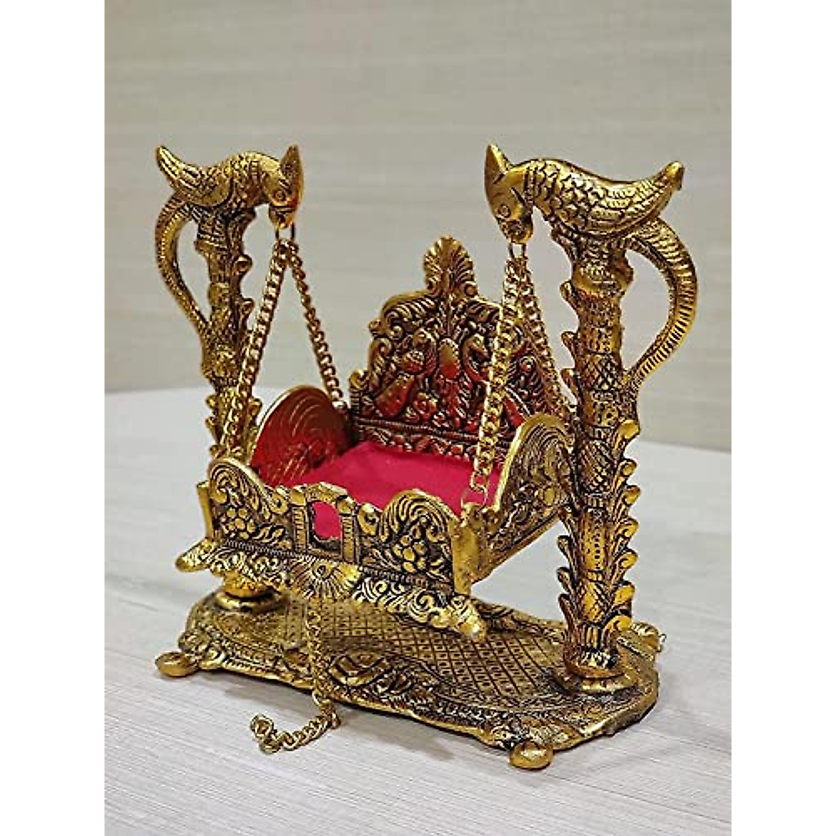 LAXMI Craft Lord Krishna Jhula Singhasan Indian Traditional Handicraft Antique Look Temple Arch/gate Design, Laddu Gopal Sofa with Jhula,Brass,17 x 10 x17 Cm (Metal JULLA with MARBAL Krishna)