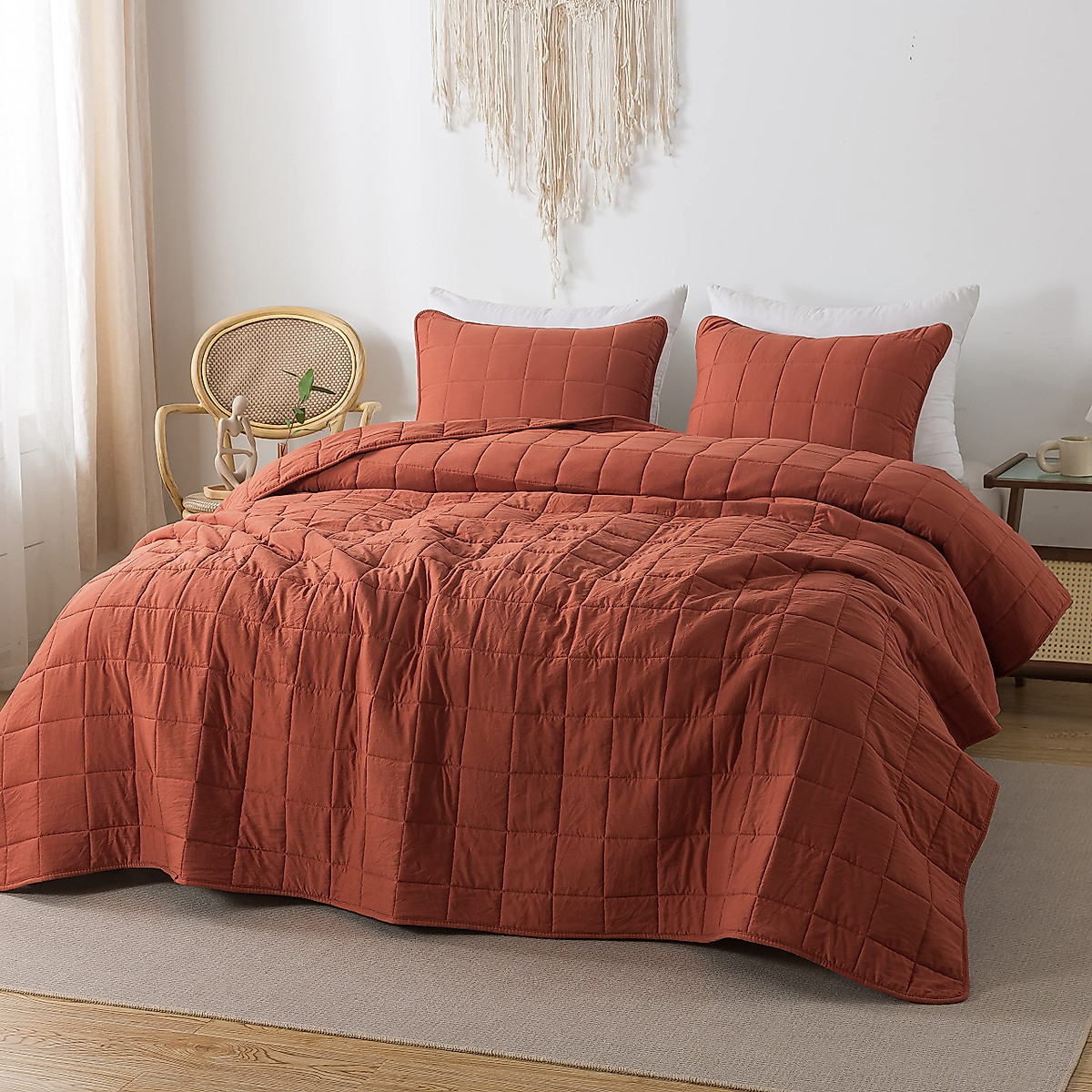 Burnt Orange Quilt Queen Size Bedding Sets with Pillow Shams, Red Lightweight Soft Bedspread Coverlet, Quilted Blanket Thin Comforter Bed Cover for All Season Spring Summer, 3 Pieces, 90x90 inches
