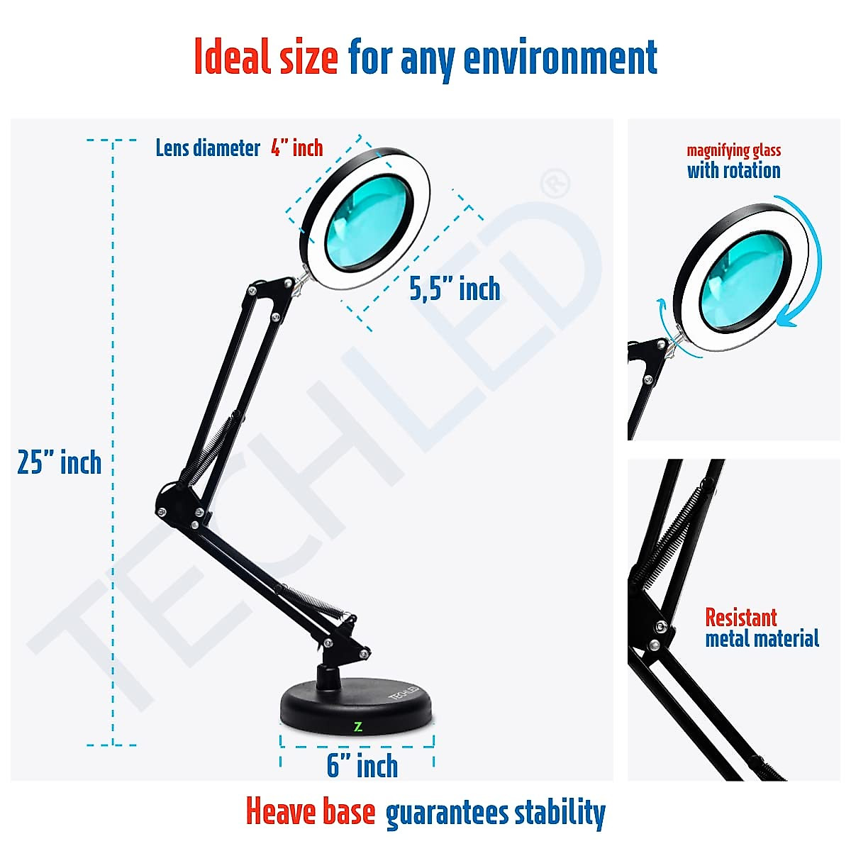 TECHLED Magnifying Glass with Light and Stand, Desk Ring Light, 3 Color Modes Stepless Dimmable, Desk Lamp, Clamp Light, Office Desk Lamp for Close Work, Repair, Reading, 12w, Adjustable Desk Lamp