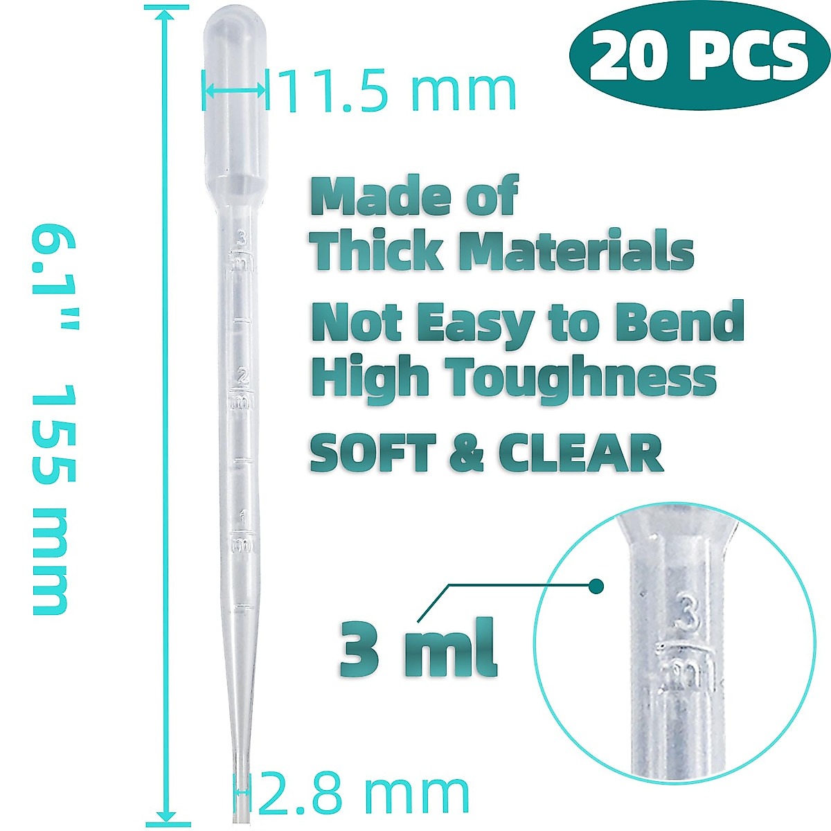 Zkupanx 20 PCS 3ml Dropper Pipettes - Disposable Pipettes Dropper for Accurate Liquid Transfer, Perfect for Essential Oils, Resin, Crafts, Labs, Kids Activities - Plastic Pipette, Droppers