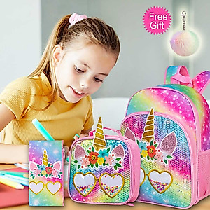 ZLYERT 3PCS Unicorn Backpack for Girls, Sequin Bookbag for Elementary Preschool Students, 16" Kids Backpacks with Lunch Box for Girl - Pink