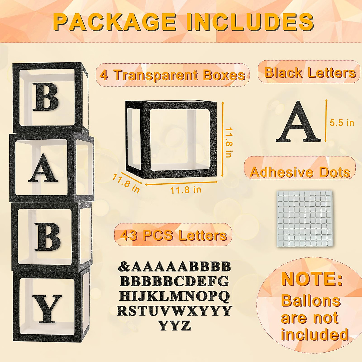 Ledido Black Glitter Transparent Balloon Boxes,Baby Boxes with Letters for Baby Shower Letter Box With 78 Letters Clear Balloon Boxes for Graduation Prom Party, Birthday, Halloween,4PCS