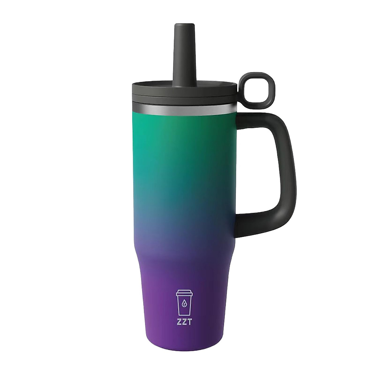 ZZT 40 oz Tumbler with Handle and Straw Lid,Leak Proof Metal Sports Water Bottle Jug,Stainless Steel Insulated Travel Coffee Mug-Fits in Cup Holder-Gifts for Women & Men(Green Purple)