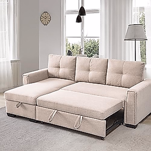 American Furniture Classics Beige Tufted Sectional Chaise Sofa Sleeper with Storage, 92" x 59" x 36"