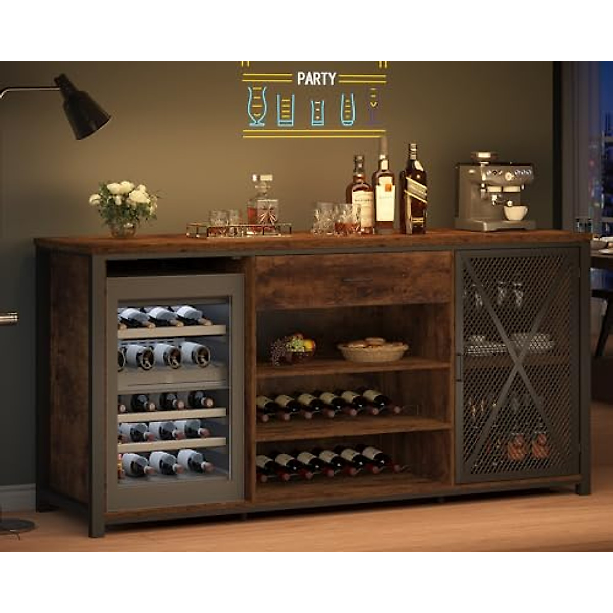 LVB Large Bar Cabinet with Fridge Space, Rustic Long Liquor Cabinet with Drawer Storage, Farmhouse Wood Metal Wine Cabinet with Rack, Sideboard Buffet for Kitchen Dining Room, Rustic Brown, 70 Inch