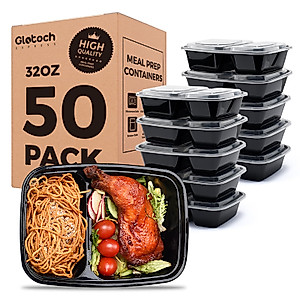 Glotoch 50 Pack 32 oz Meal Prep Container, 2 Compartment Food Containers with Lids To Go Containers, Black Plastic Containers for Lunch-Microwave, Freezer, Dishwasher Safe, Eco-Friendly