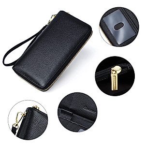 Seammer Women's RFID Blocking Leather Zip Around Wallet Clutch Large Phone Holder Wristlet Travel Purse (Black)