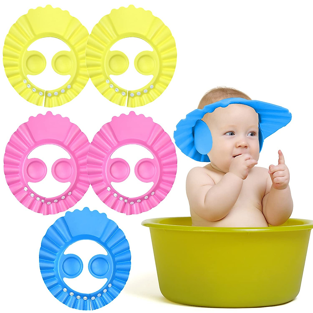 NEPAK 6PCS 3 Color Adjustable Bath Shampoo Cap,Baby Shower Cap,Adjustable Children's Sun Hat,Children's Shampoo Shield Hat with Ear Protection,Used for Baby Bath and Shampoo Safety