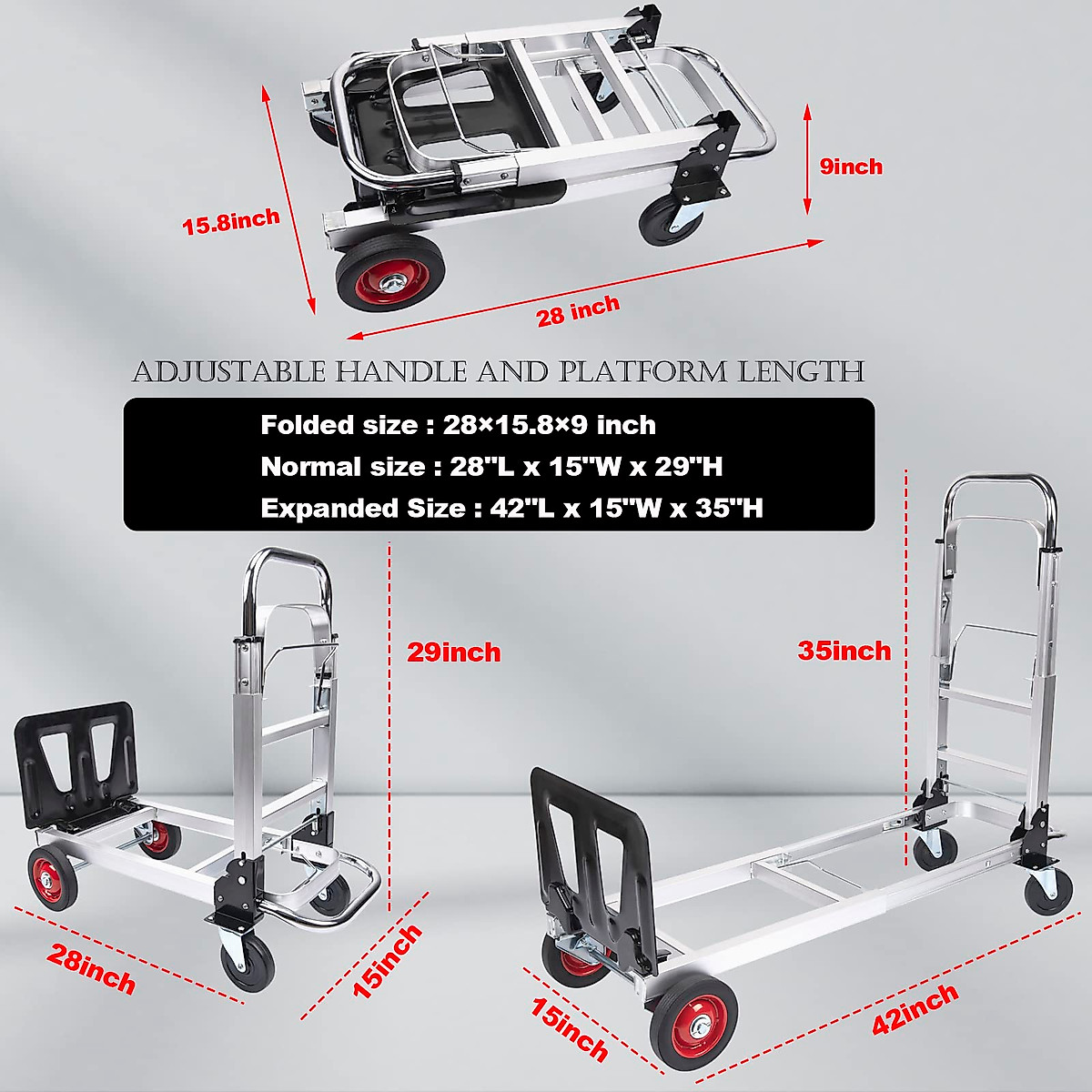 Folding Hand Truck Dolly Heavy Duty Aluminum Hand Truck with Wheels Collapsible 2 in 1 Convertible Hand Truck - 330 lbs Load Capacity, Multi-Position Hand Truck Dolly Cart with Telescoping Handle
