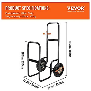 VEVOR Firewood Cart, 220 lbs Weight Capacity, Wood Carrier with Wheels, Binding Rope and Water-proof Tarp, Utility Log Rack for Storage or Move, Dolly Hauler for Indoor and Outdoor Fireplace, Black