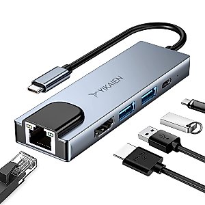USB C Hub,YIKAIEN 5 Ports USB Type C to Ethernet HDMI USB 3.0 Type C Port Hub Adapter Compatible with MacBook Pro Air iMac Samsung Galaxy Note LG Chromebook Pixelbook Dell XPS Oculus Rift