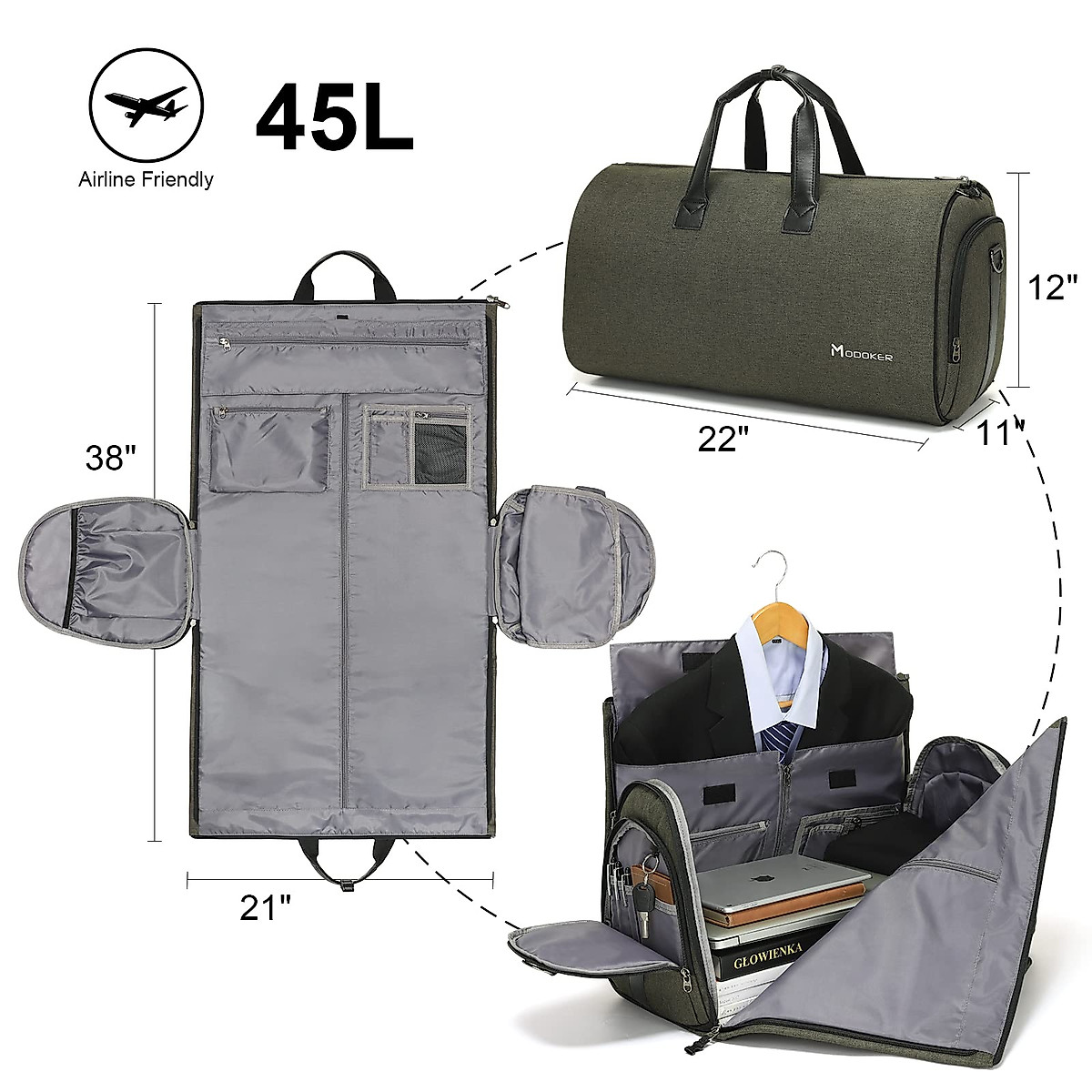 Convertible Garment Bag with Shoulder Strap, Modoker Carry on Garment Duffel Bag for Men Women - 2 in 1 Hanging Suitcase Suit Travel Bags,Forest Night