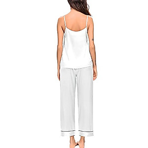 SWOMOG Women's Satin Pajamas Set V-Neck Cami Top and Capris Pants Silk Sleepwear Pjs Set White