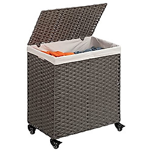ALIMORDEN Wicker Laundry Hamper with Lid and Wheels Handles 100L Clothes Laundry Basket with 2 Removable Liner Bags Large Hampers for Laundry Organizer 3 Sections for Bedroom Bathroom Grey