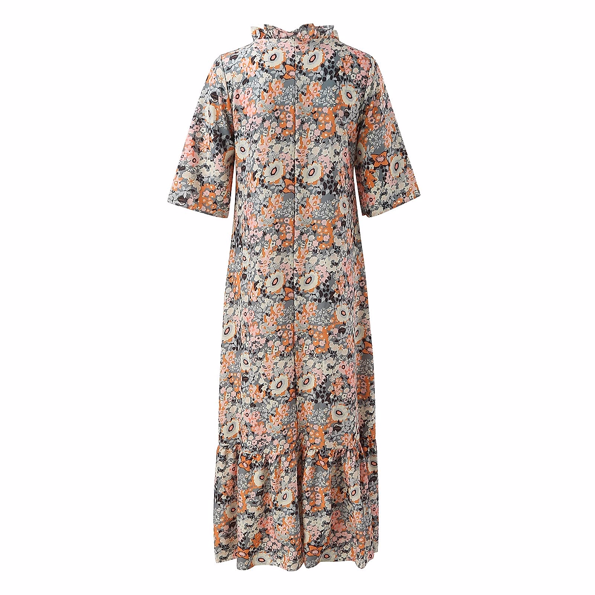 Cnebo Boho Maxi Dresses for Women 2023 New Women's Medium and Long Sleeve Dress with Tassels Wide Bohemian Print V Neck Length Khaki