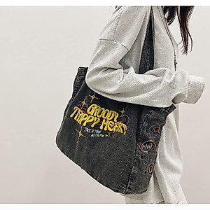Embroidered Canvas Tote Bag, Denim Shoulder Bag With Zipper, Large Capacity Wallet, Denim Canvas Tote Bag (Black)