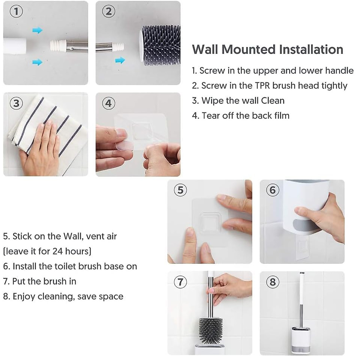 Toilet Brush and Holder Set, Bathroom Toilet Bowl Brush and Caddy Cleaner Anti Slip with Sturdy Soft Silicone Bristle Removable Water Drawer Quick Drying (White)