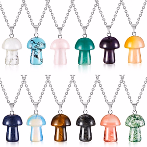 Henoyso 12 Pcs Mushroom Crystal Necklace Natural Gemstone Mushroom Pendant Necklace Decorative Mushroom Necklace Quartz Mushroom Jewelry with Silver Chains for Women Jewelry Gifts(Mushroom)
