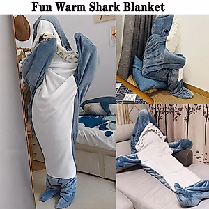 Shark Blanket Wearable Flannel Blanket Cozy Blanket Hoodie Shark Sleeping Bag Cartoon Animals One-Piece Blanket for Adults & Kids Blue XL(61-66in)