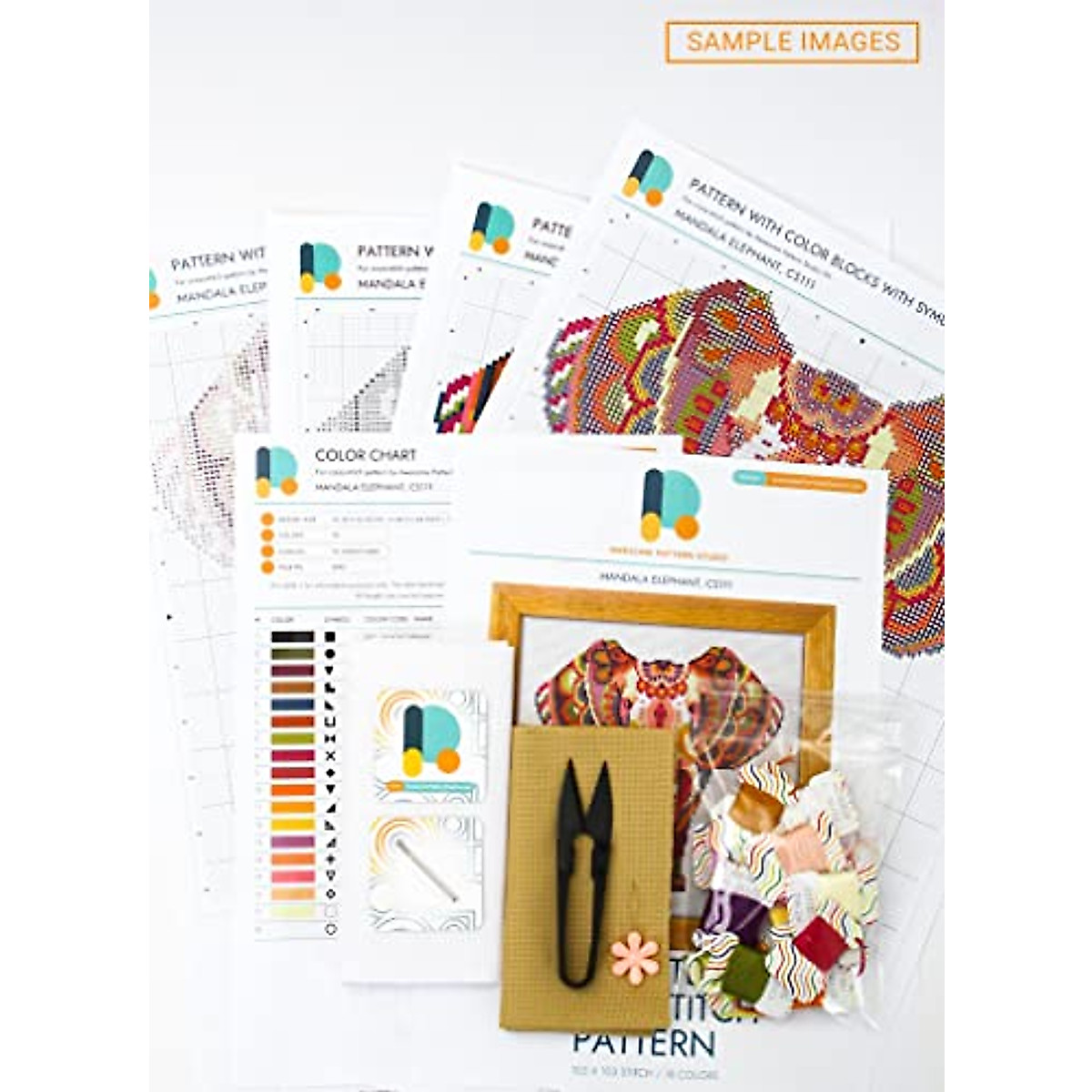 Mandala Giraffe CS206 - Counted Cross Stitch KIT#2. Set of Threads, Needles, AIDA Fabric, Needle Threader, Embroidery Clippers and Printed Color Pattern Inside.