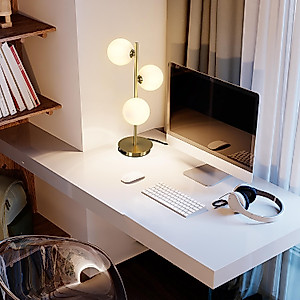 Fulesi Mid Century Globe Table Lamp Modern 3 Lights Gold Desk Lamp Contemporary White Glass Globe Reading Lamp for Bedroom Living Room Study Room (White)
