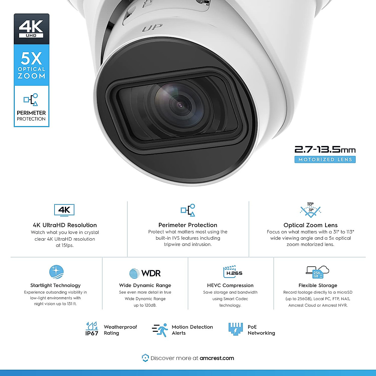 Amcrest 4K Optical Zoom IP Camera, Varifocal 8MP Outdoor POE Camera Turret, Security Camera, 2.7mm~13.5mm Lens, IP67 Weatherproof, MicroSD Recording (IP8M-VT2779EW)