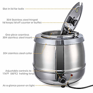 RIEDHOFF Commercial Soup Warmer, 10.5QT Soup Kettle with Hinged Lid and Detachable Stainless Steel Insert Pot, Suitable for Family Gatherings, Parties, Restaurants, and Buffets, Sliver