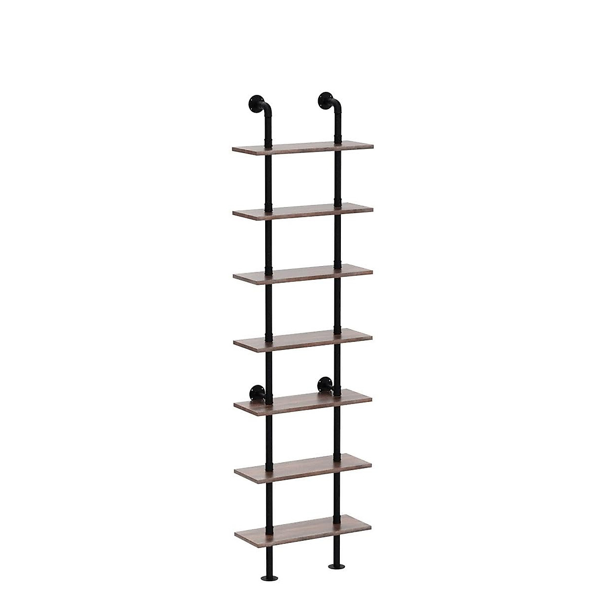 HOMBAZAAR Industrial Pipe Bookshelf,7 Tier Pipe Shelving,Wall Mounted Ladder Shelves with Metal Frame for Home Office,Living Room,Oak Brown