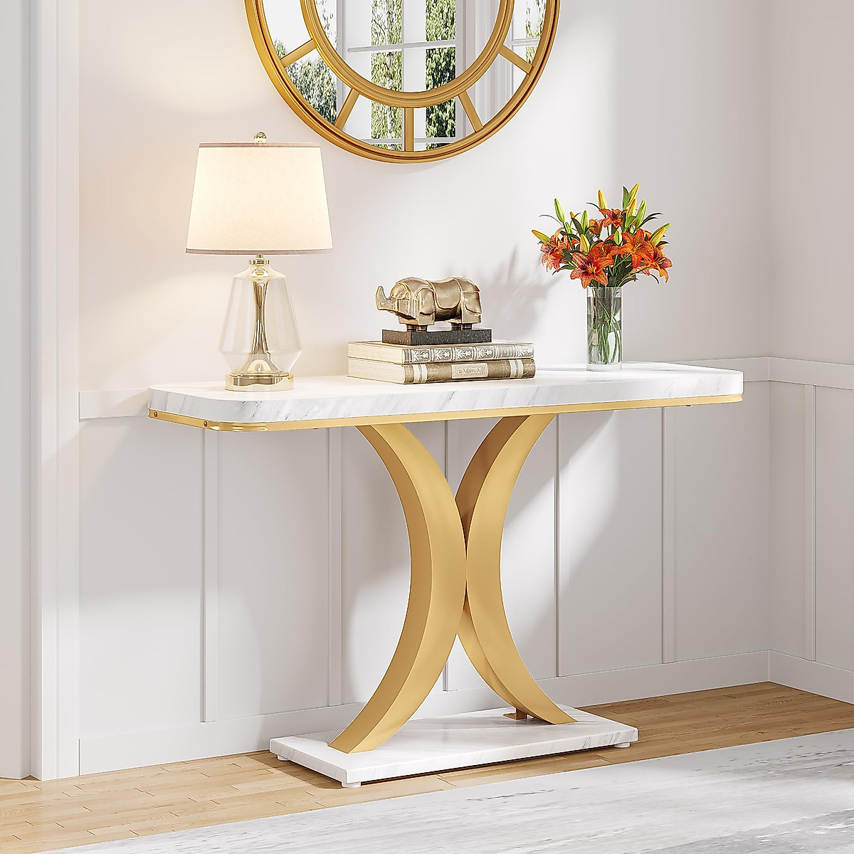 LITTLE TREE Narrow Entryway Console Table, Small, White+Gold