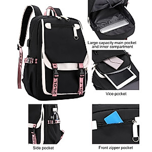 JiaYou Teenage Girls' Backpack Middle School Students Bookbag Outdoor Daypack with USB Charge Port (21 Liters, Black Pink)