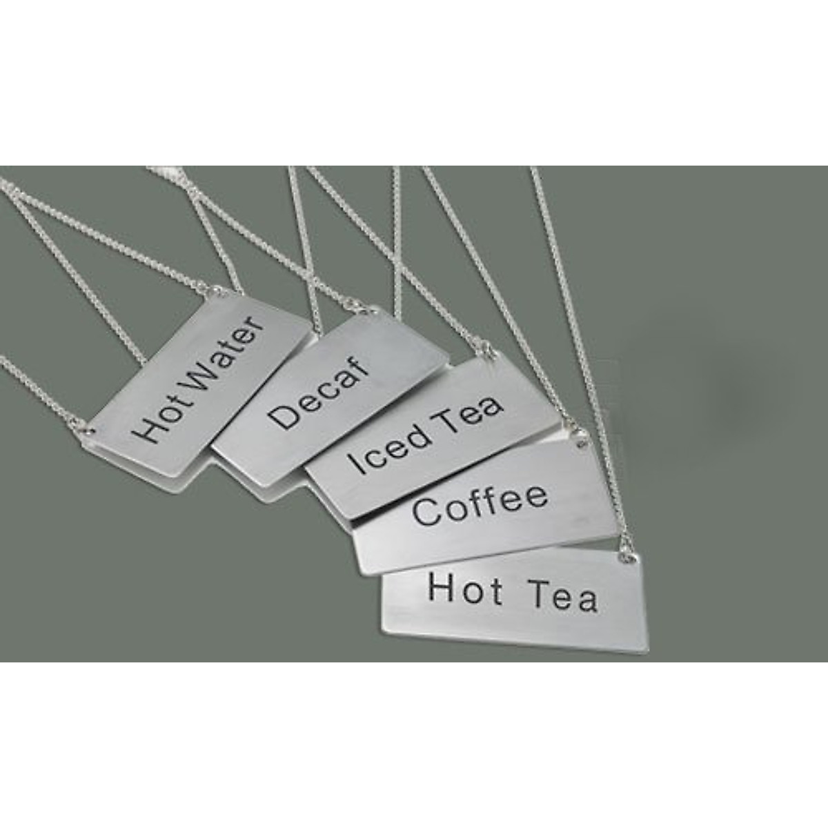 LeRose Stainless Steel Chain Signs ~ Set of 5 ~"Coffee","Decaf","Hot Water","Hot Tea","Iced Tea" ~ 3-1/2" x 1-3/4" Beverage Table Display Signs