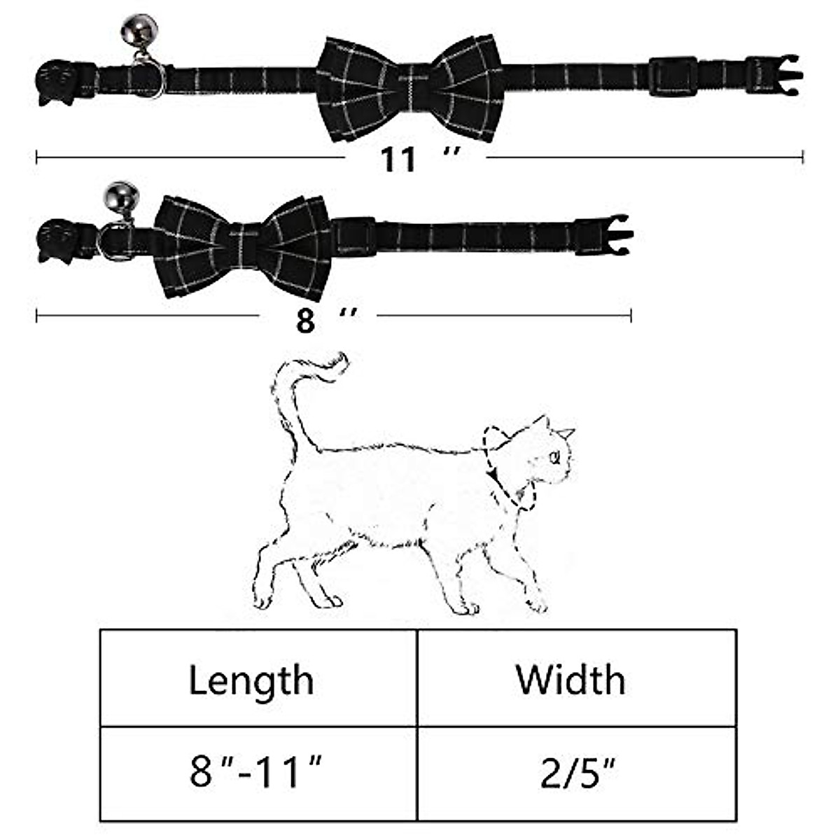 SLSON 2 Pack Breakaway Cat Collar with Bell and Bow Tie Plaid Kitten Collar for Cats and Small Dogs Pets Adjustable from 8-11In, Black and Grey