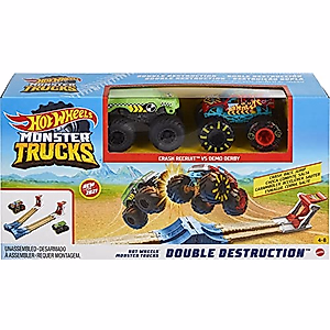 Hot Wheels Monster Trucks Double Destruction 3-in-1 Play Set with 1 1:64 Scale die-cast Metal Body Monster Truck, 1 Plastic Crash Dummy 2 Slam Launchers with Short Straight Tracks & Ramps