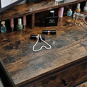 JESONVID Vanity Table with Upholstered Stool Set Makeup Dressing Table Desk with Tri-Fold Mirror 2 Drawers and Industrial Style Padded Stool for Bedroom Dressing Room 21304RC