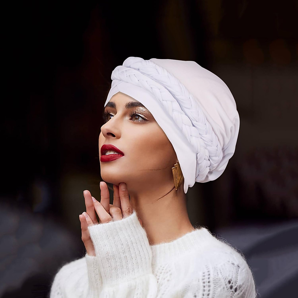 African Women Turban Caps Beanie Twist Headscarf Pre Tied Double Braid Headwrap Hat (White)