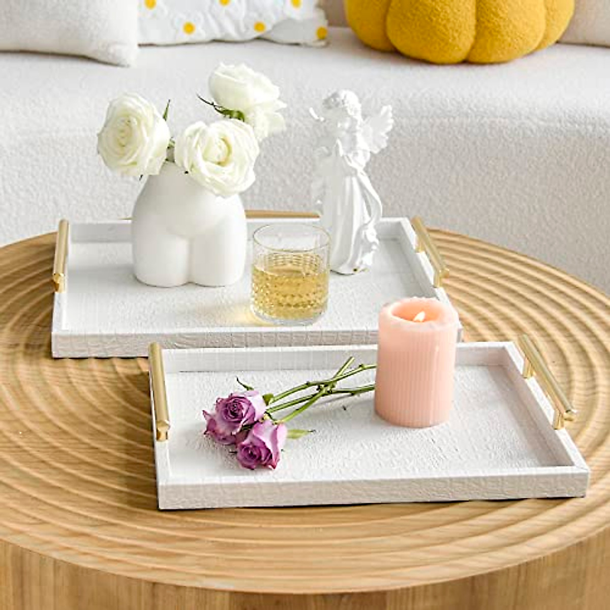 JUMBO HUMBLE Modern Elegant Large Wood Serving Tray, Set of 2 Pearl White Crocodile Leather with Gold Polished Metal Handles, Rectangle Decorative Tray Ottoman Tray Coffee Table Tray for Living Room