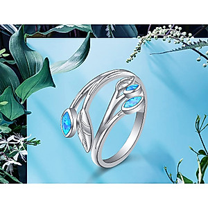 HOOHWE 925 Sterling Silver Leaf Rings for Women, Opal Adjustable Wrap Olive Branch Ring for Daily Wear Wedding Ring Unique Marquise Shape Open Leaf Rings Jewelry Gifts for Women with Gift Box