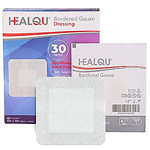 HEALQU Bordered Gauze Island Dressing - 30 Count, 4" x 4" Sterile Individually Wrapped Gauze Pads with Water-Resistant, Non-Woven Backing - Soft and Breathable Wound Dressing for First Aid and Medical