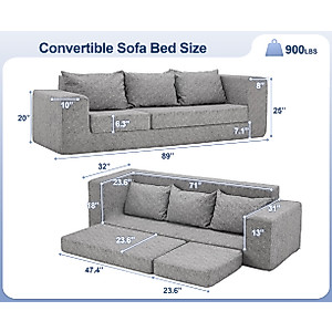 Hobestluk Folding Sofa Bed Couch Convertible Floor Sofa Beds for Adults Foldable Sleeper Sofa Lounge with Three Pillows for Living Room Fold-Out Floor Chair Beds for Bedroom Apartment Office(Grey)